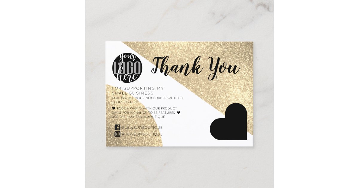 Gold Glitter Geo Heart Logo Customer Thank You Business Card | Zazzle