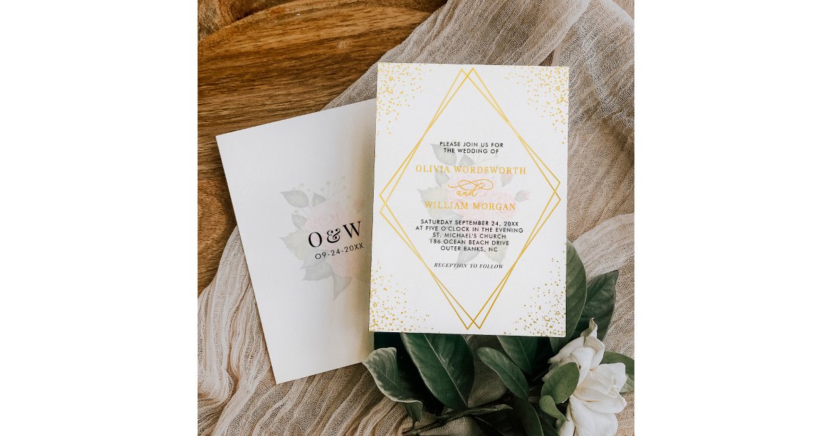 Gold Glitter Geometric Frame Modern Wedding Foil Invitation | Zazzle