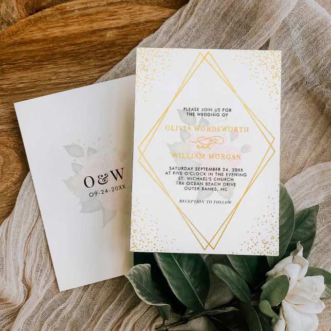 Gold Glitter Geometric Frame Modern Wedding Foil Invitation | Zazzle