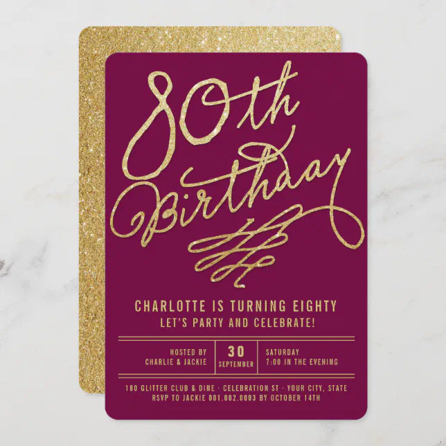 Gold Glitter Glam Adult 80th Birthday Party Invite | Zazzle