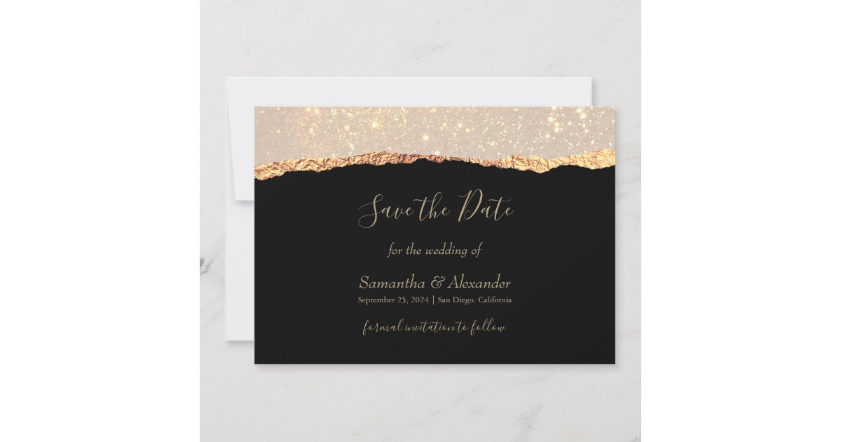 Gold Glitter Glam Black Save the Day card | Zazzle