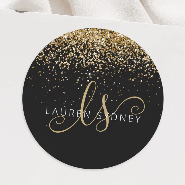 Gold Glitter Glam Monogram Name Classic Round Sticker | Zazzle