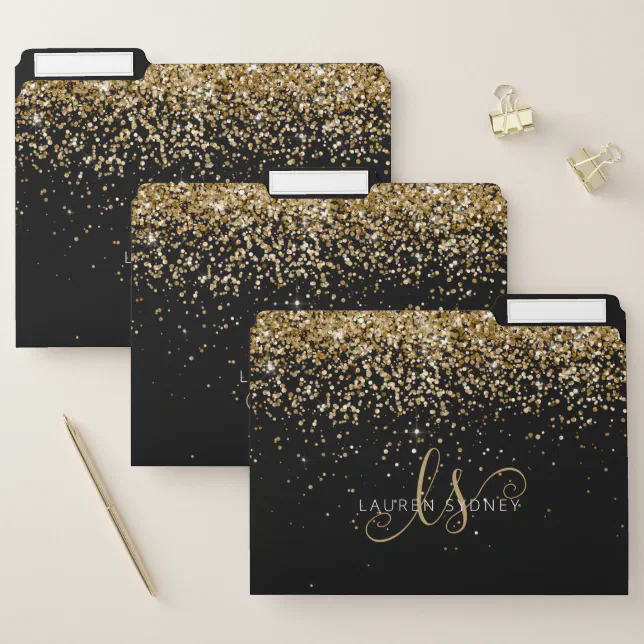 Gold Glitter Glam Monogram Name File Folder | Zazzle