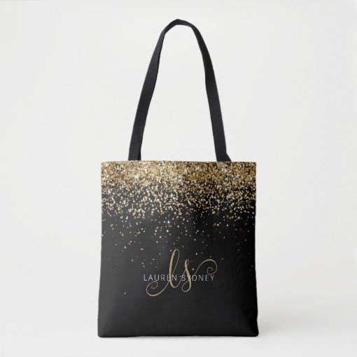 Gold Glitter Glam Monogram Name Tote Bag | Zazzle