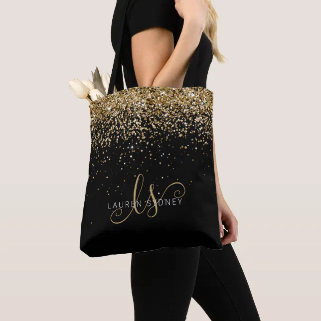 Gold Glitter Glam Monogram Name Tote Bag | Zazzle