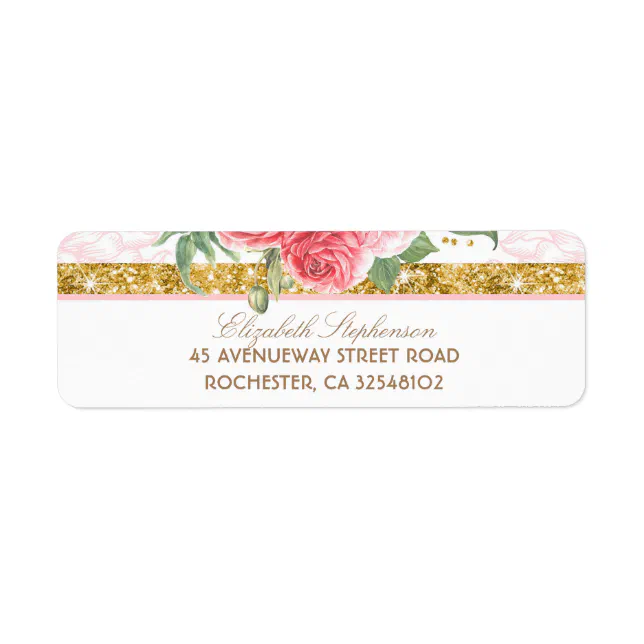 Gold Glitter Glamour Vintage Floral Pink Wedding Label | Zazzle
