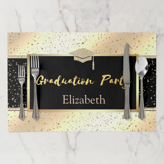 Gold Glitter Grad Cap, Confetti Graduation Party Paper Placemat | Zazzle