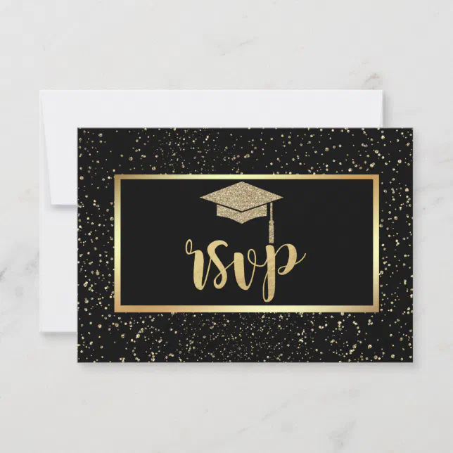 Gold Glitter Grad Cap, Confetti Graduation Party RSVP Card | Zazzle