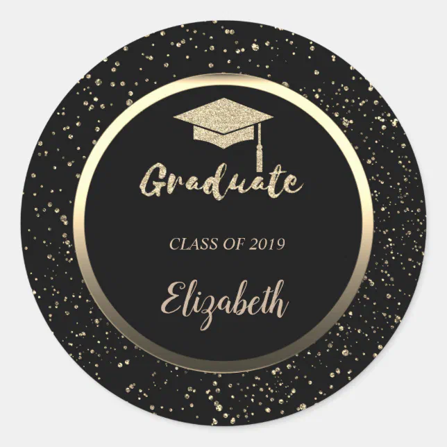 Gold Glitter Grad Cap,Confetti - Personalized Classic Round Sticker ...