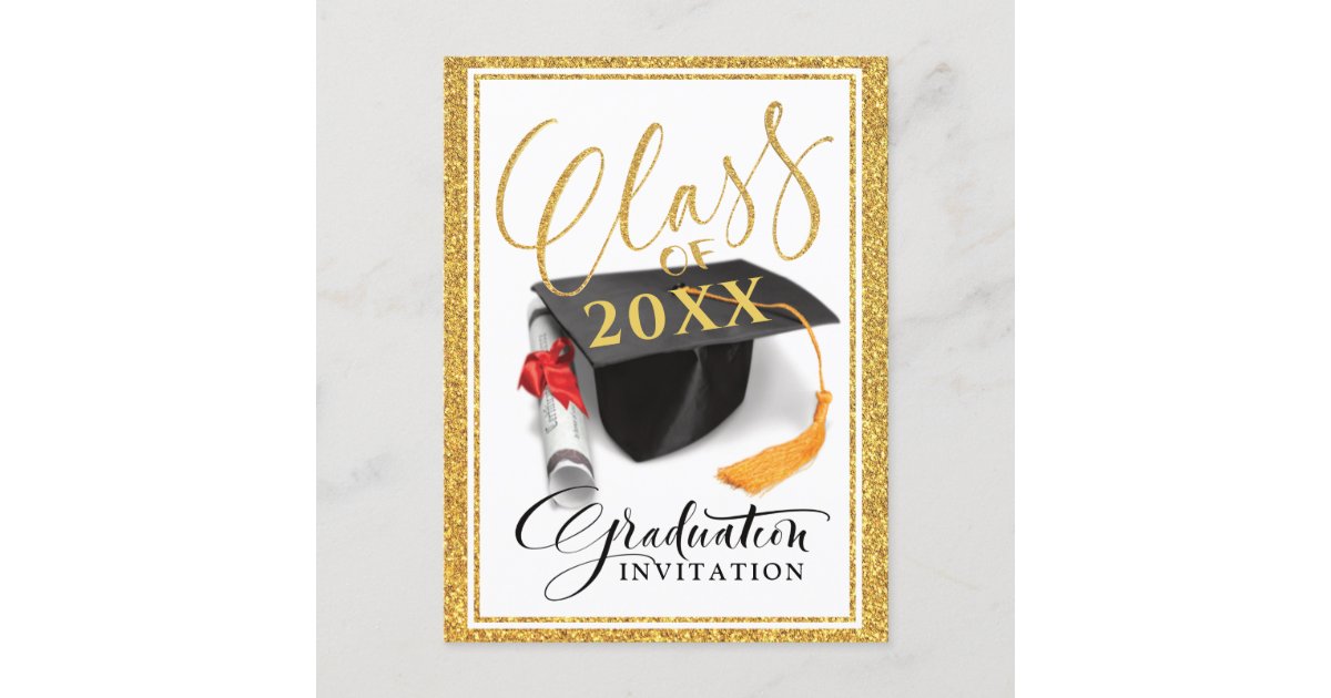 Gold Glitter Grad Cap Graduation Announcement Postcard | Zazzle