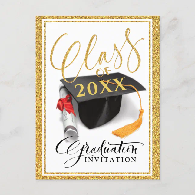 Gold Glitter Grad Cap Graduation Announcement Postcard | Zazzle