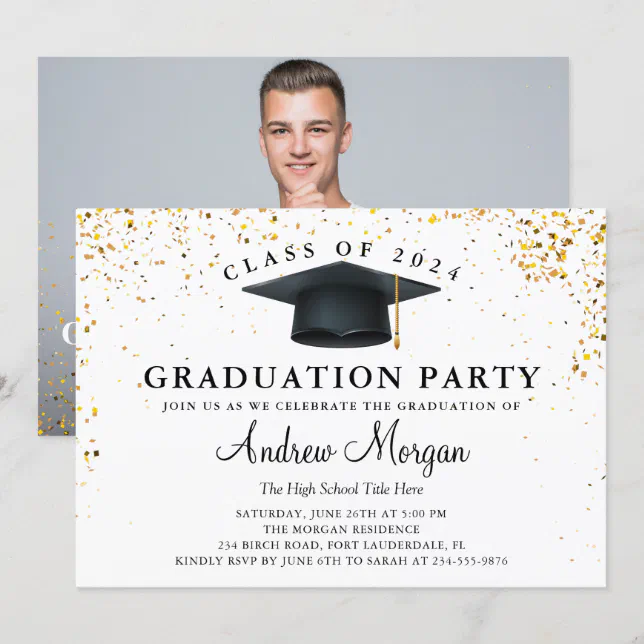 Gold Glitter Grad Cap Graduation Party Photo Invitation | Zazzle