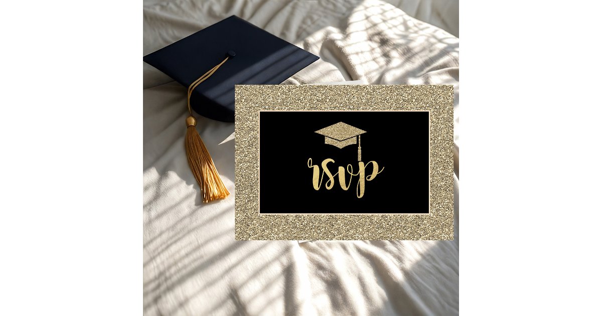 Gold Glitter Grad Cap Graduation Party RSVP Card | Zazzle