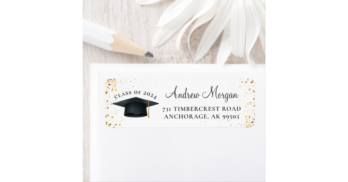 Gold Glitter Grad Cap Graduation Return Address Label | Zazzle