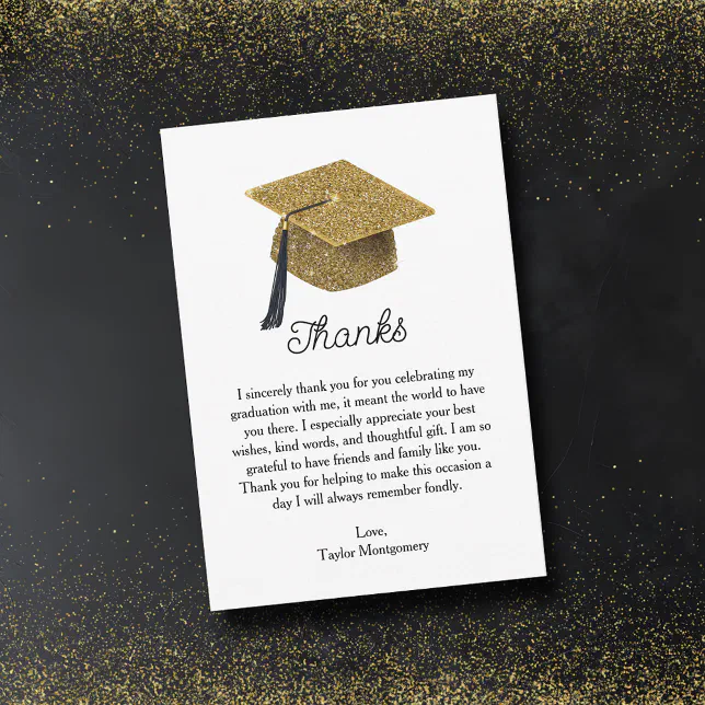 Gold Glitter Grad Cap Graduation Thank You Note Card | Zazzle