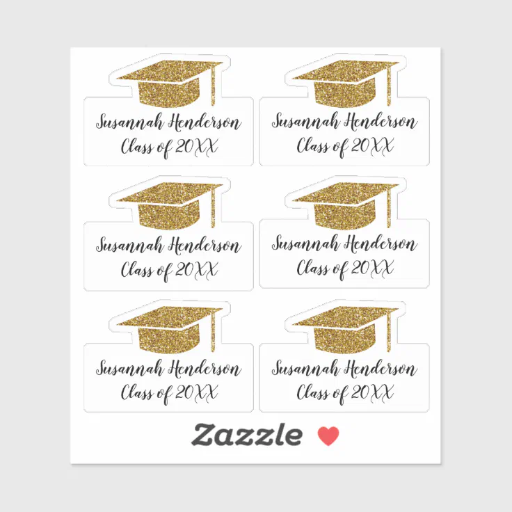 Gold Glitter Grad Cap Name Year Custom Graduation Sticker | Zazzle