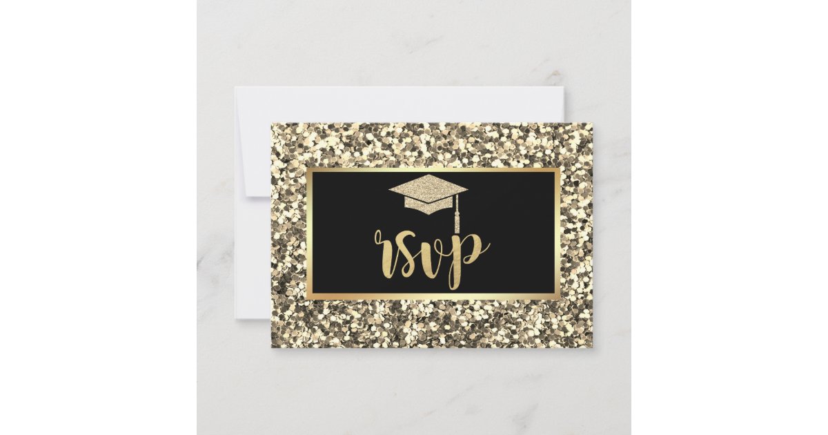 Gold Glitter Grad Cap, Sequins Graduation Party RSVP Card | Zazzle