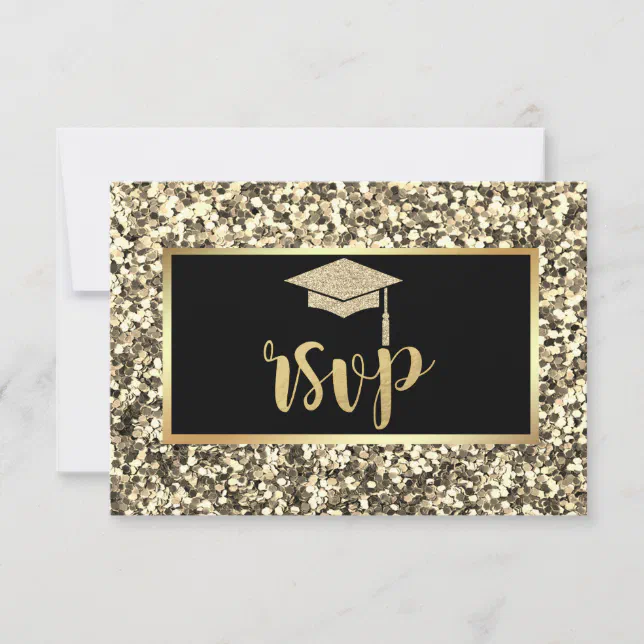 Gold Glitter Grad Cap, Sequins Graduation Party RSVP Card | Zazzle