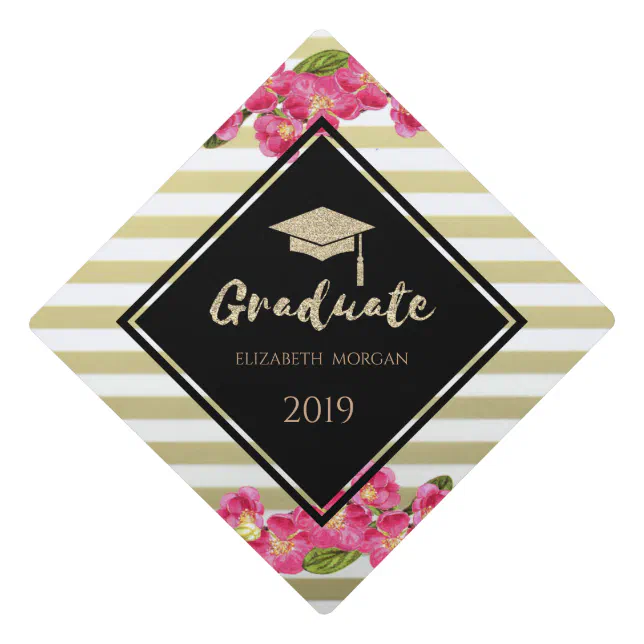 Gold Glitter Graduate Cap,Flowers, Stripes Graduation Cap Topper | Zazzle