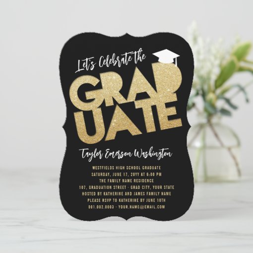 Gold Glitter Graduate Cutout Graduation Party Invitation | Zazzle