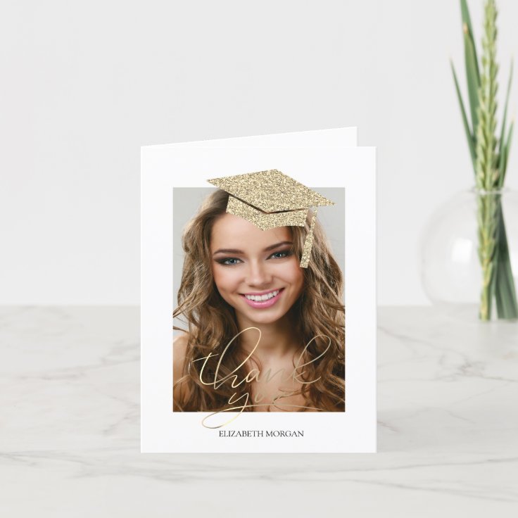 Gold Glitter Graduation Cap Calligraphy Photo Thank You Card | Zazzle