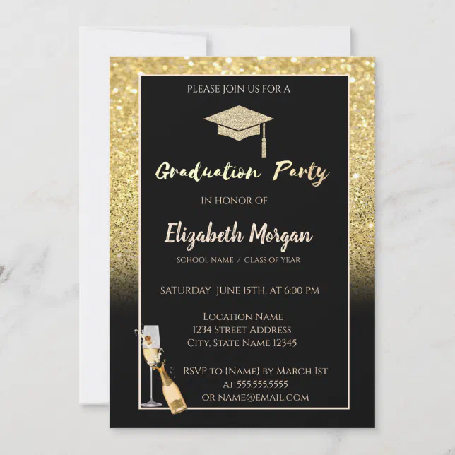 Gold Glitter Graduation Cap,Confetti,Wine,Glass Invitation | Zazzle