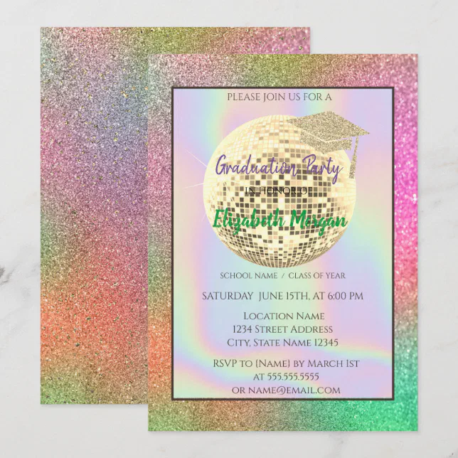Gold Glitter Graduation Cap,Disco Ball,Colorful Invitation | Zazzle