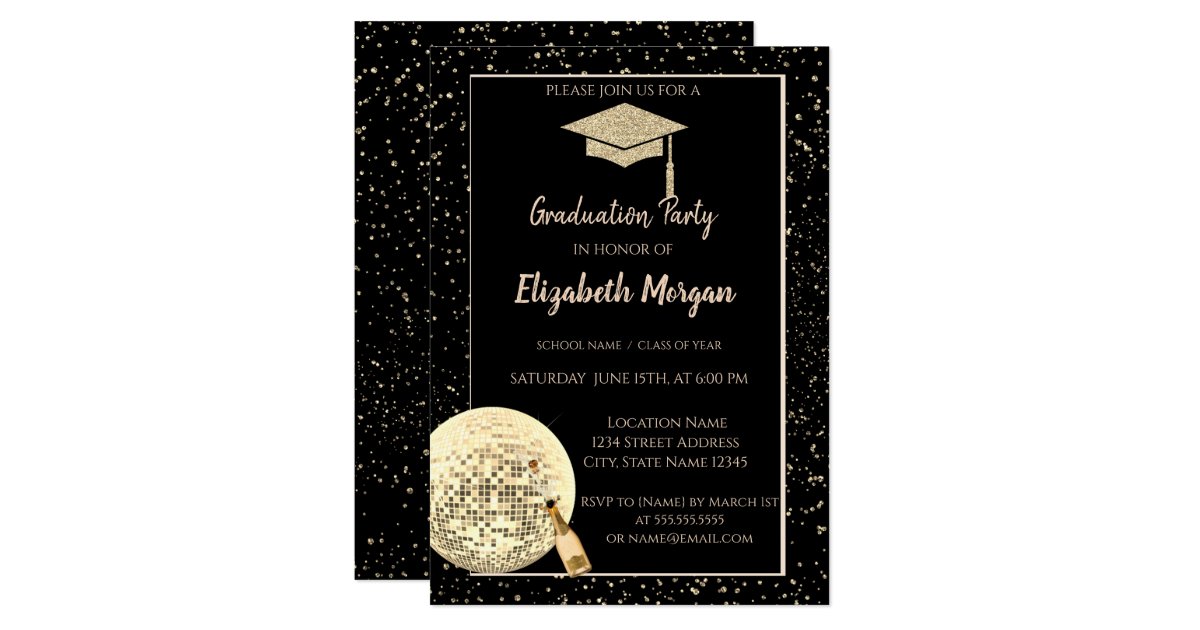 Gold Glitter Graduation Cap,Disco Ball Confetti Invitation | Zazzle.com