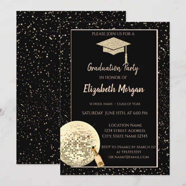Gold Glitter Graduation Cap,Disco Ball Confetti Invitation | Zazzle
