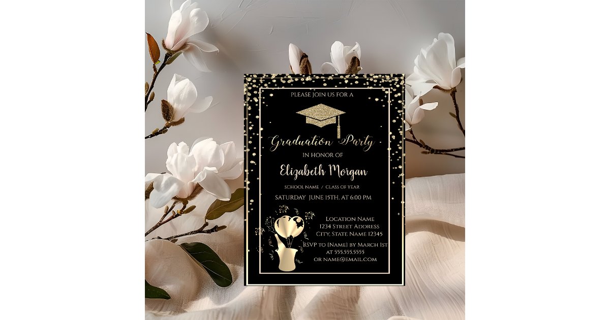 Gold Glitter Graduation Cap Frame Graduation Party Invitation | Zazzle