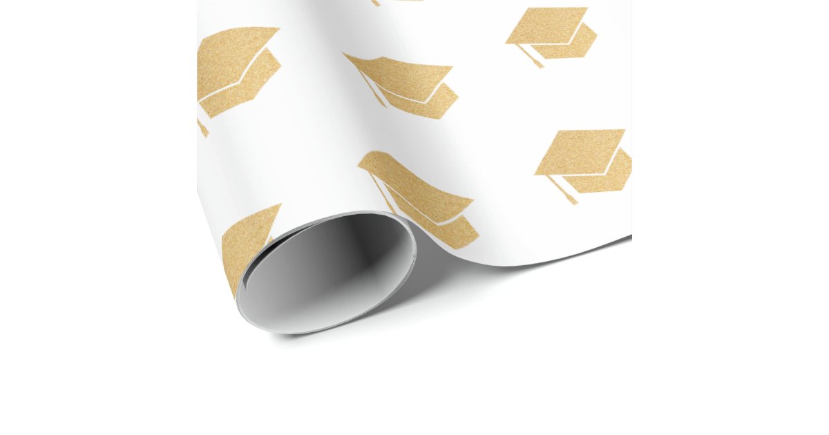 Gold Glitter Graduation Cap Pattern White Wrapping Paper | Zazzle