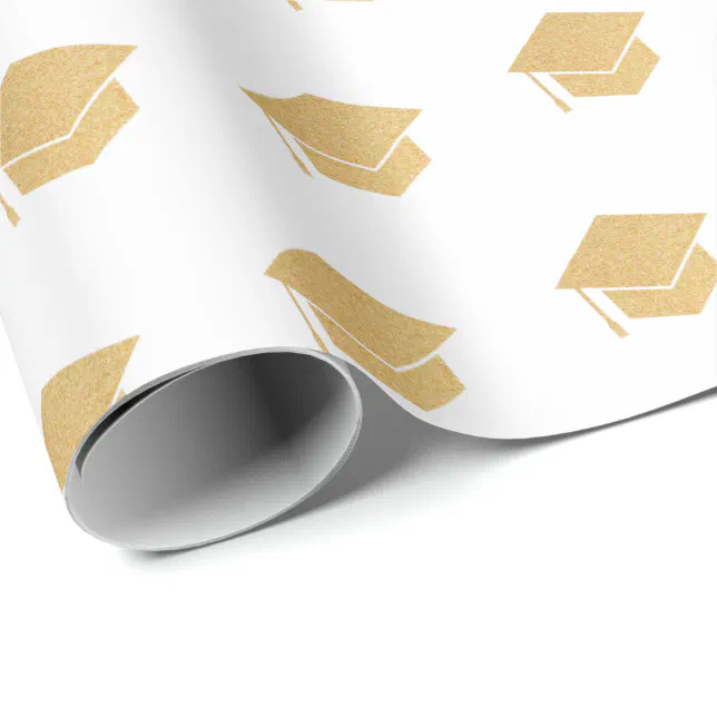 Gold Glitter Graduation Cap Pattern White Wrapping Paper | Zazzle