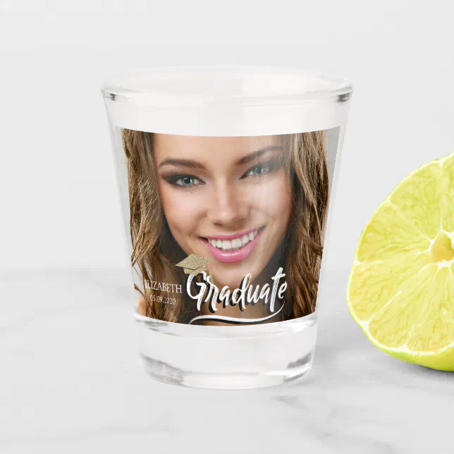Gold Glitter Graduation Cap Photo Shot Glass | Zazzle
