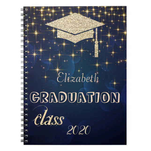 Gold Glitter Graduation Cap, Stars Class 2020 Notebook | Zazzle
