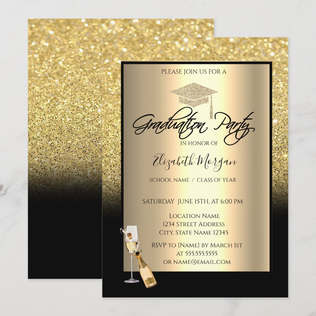 Gold Glitter Graduation Cap,Wine,Glass Graduation Invitation | Zazzle