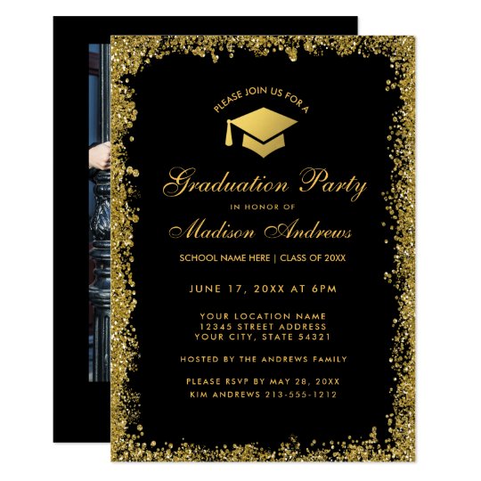 Gold Glitter Graduation Party Invite - Photo Back | Zazzle.com
