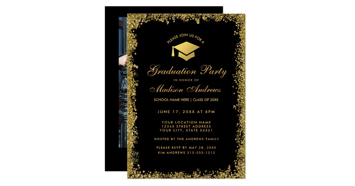 Gold Glitter Graduation Party Invite - Photo Back | Zazzle.com