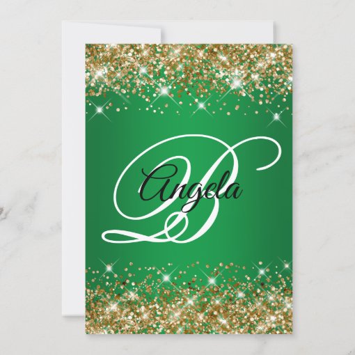 Gold Glitter Green Ombre Monogram 21st Birthday Invitation | Zazzle