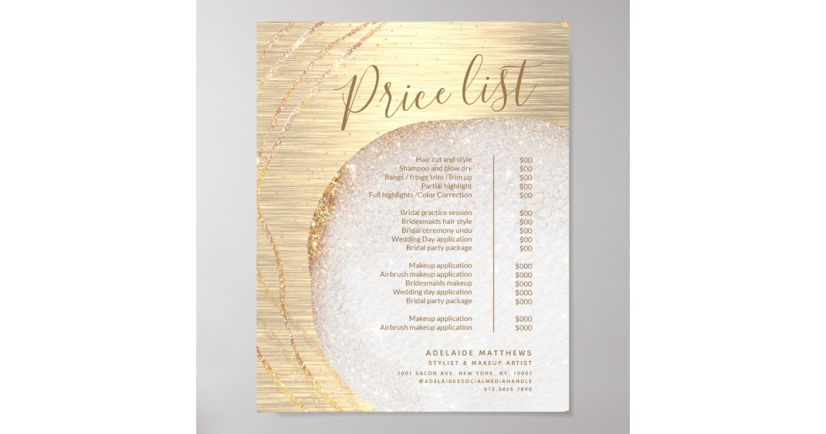 Gold Glitter Hair Stylist Salon Price List Menu Poster | Zazzle