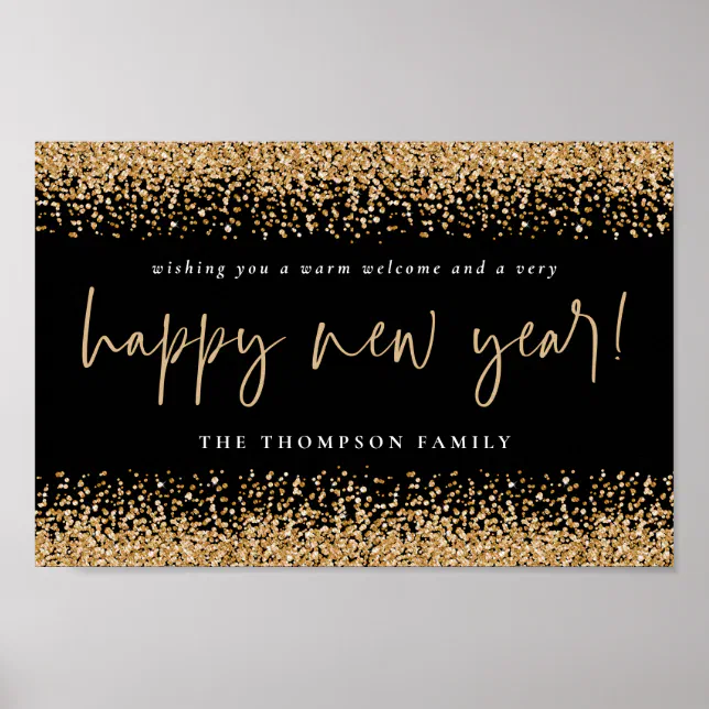 Gold Glitter Happy New Year Name Black Printable Poster | Zazzle