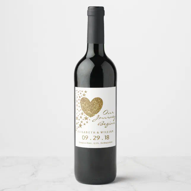 Gold Glitter Heart and Stars Wedding Wine Label | Zazzle