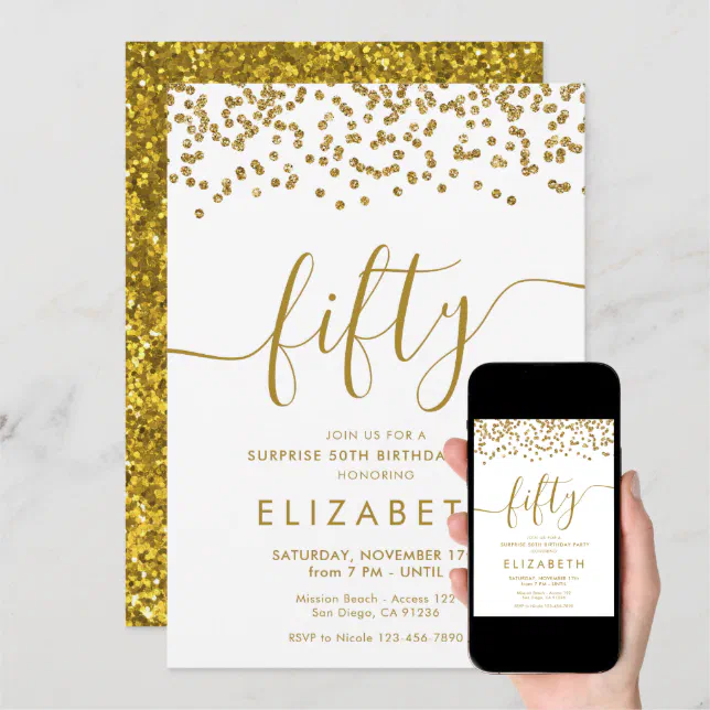 Gold Glitter Hello 50 Fiftieth Birthday Invitation | Zazzle