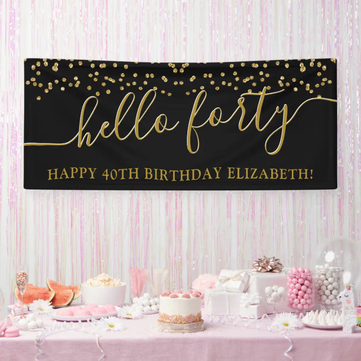 Gold Glitter Hello Forty 40th Birthday Party Banner | Zazzle