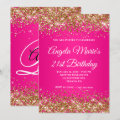 Gold Glitter Hot Pink Fancy Monogram 21st Birthday Invitation | Zazzle