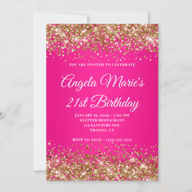Gold Glitter Hot Pink Fancy Monogram 21st Birthday Invitation | Zazzle