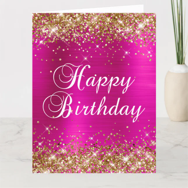 Gold Glitter Hot Pink Foil Big Happy Birthday Card | Zazzle