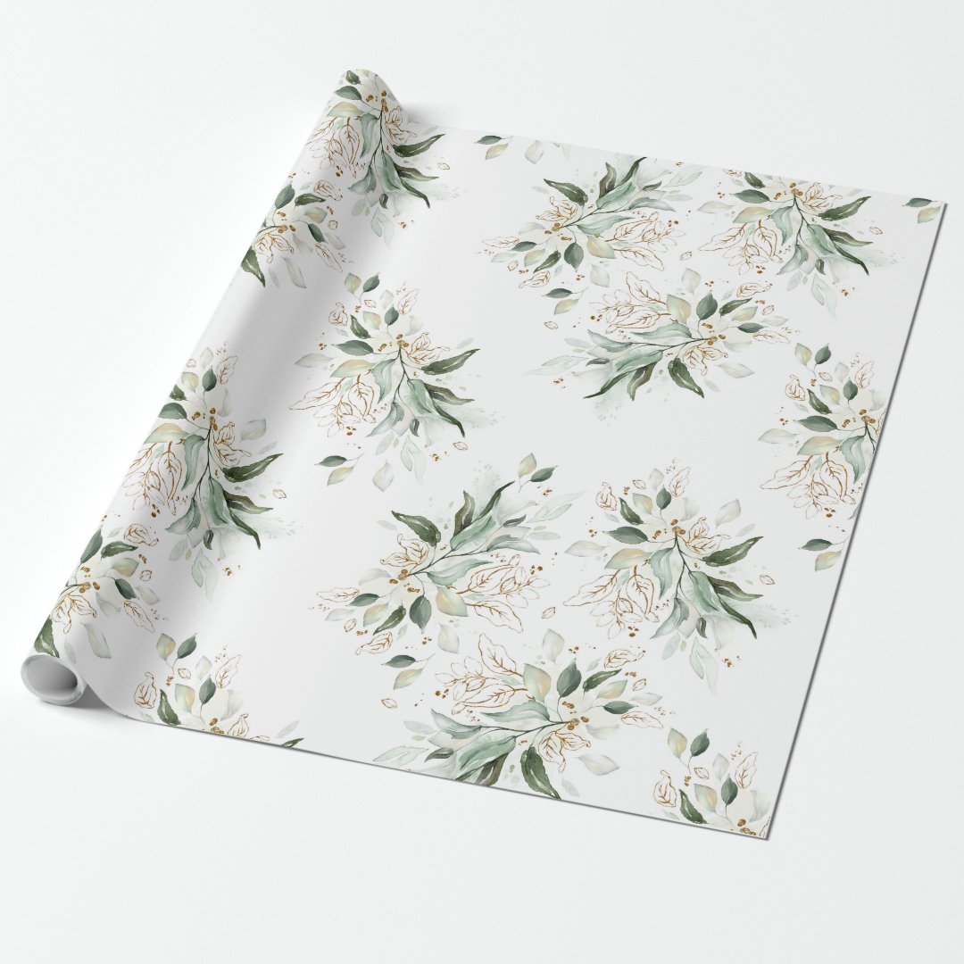 Gold Glitter Leaves Greenery Elegant Dreamy Wrapping Paper | Zazzle