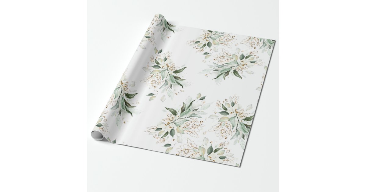 Gold Glitter Leaves Greenery Elegant Dreamy Wrapping Paper | Zazzle