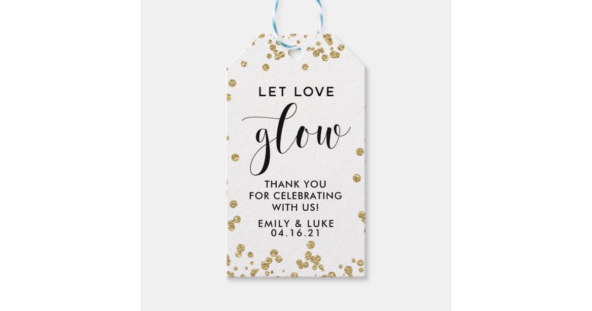 Gold Glitter Let Love Glow Wedding Favor Candle Gift Tags | Zazzle