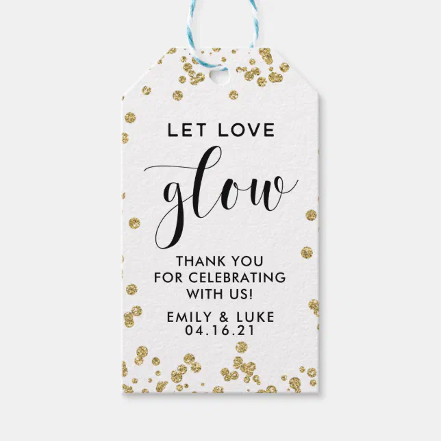 Gold Glitter Let Love Glow Wedding Favor Candle Gift Tags | Zazzle